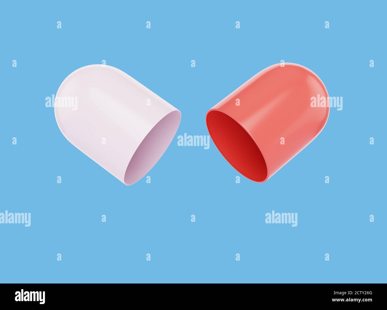 Opened capsule pill white and red color isolated on blue background ...