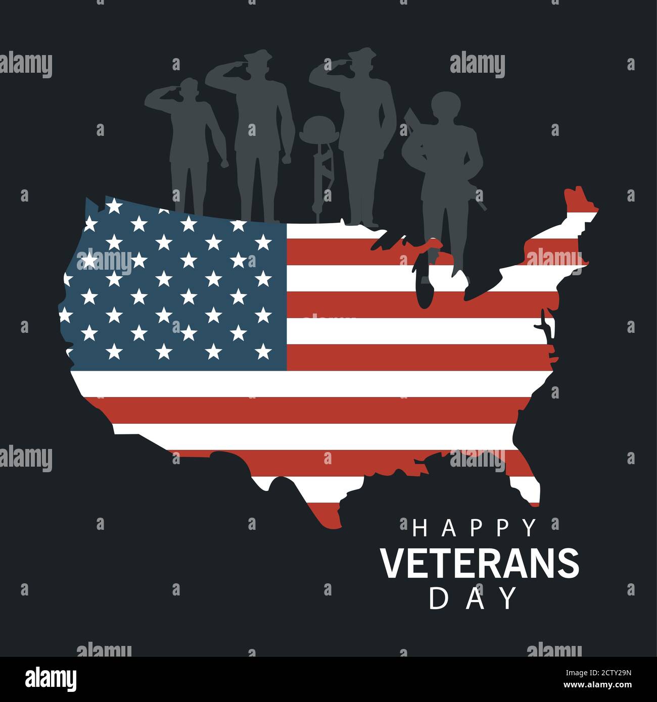 happy veterans day lettering in poster with officers military and map ...