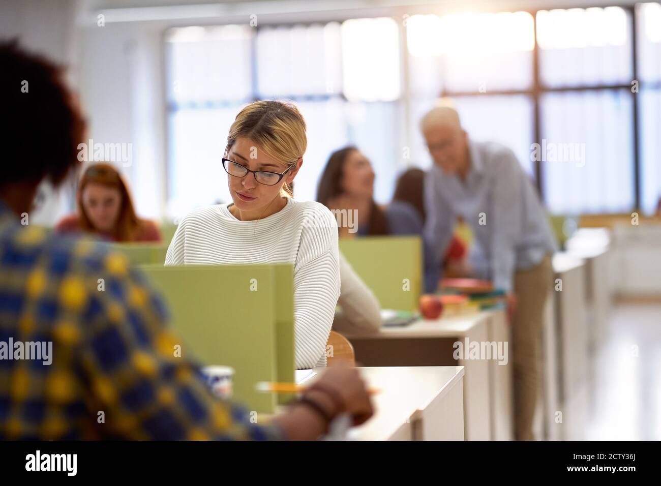 Female student studies the lesson at a lecture in the classroom Stock ...
