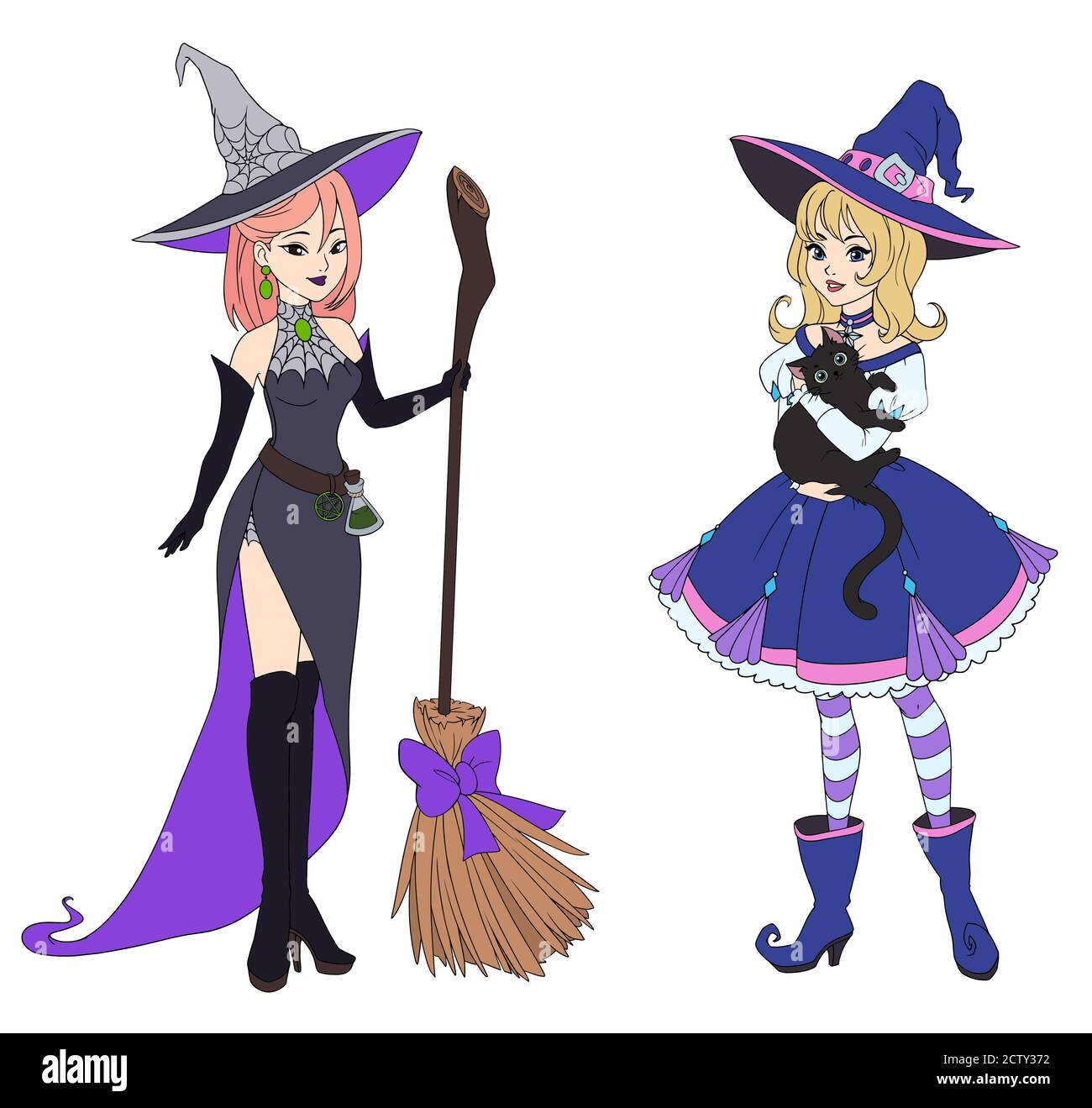 Set of two witches holding black cat and broom. Multinational girls ...