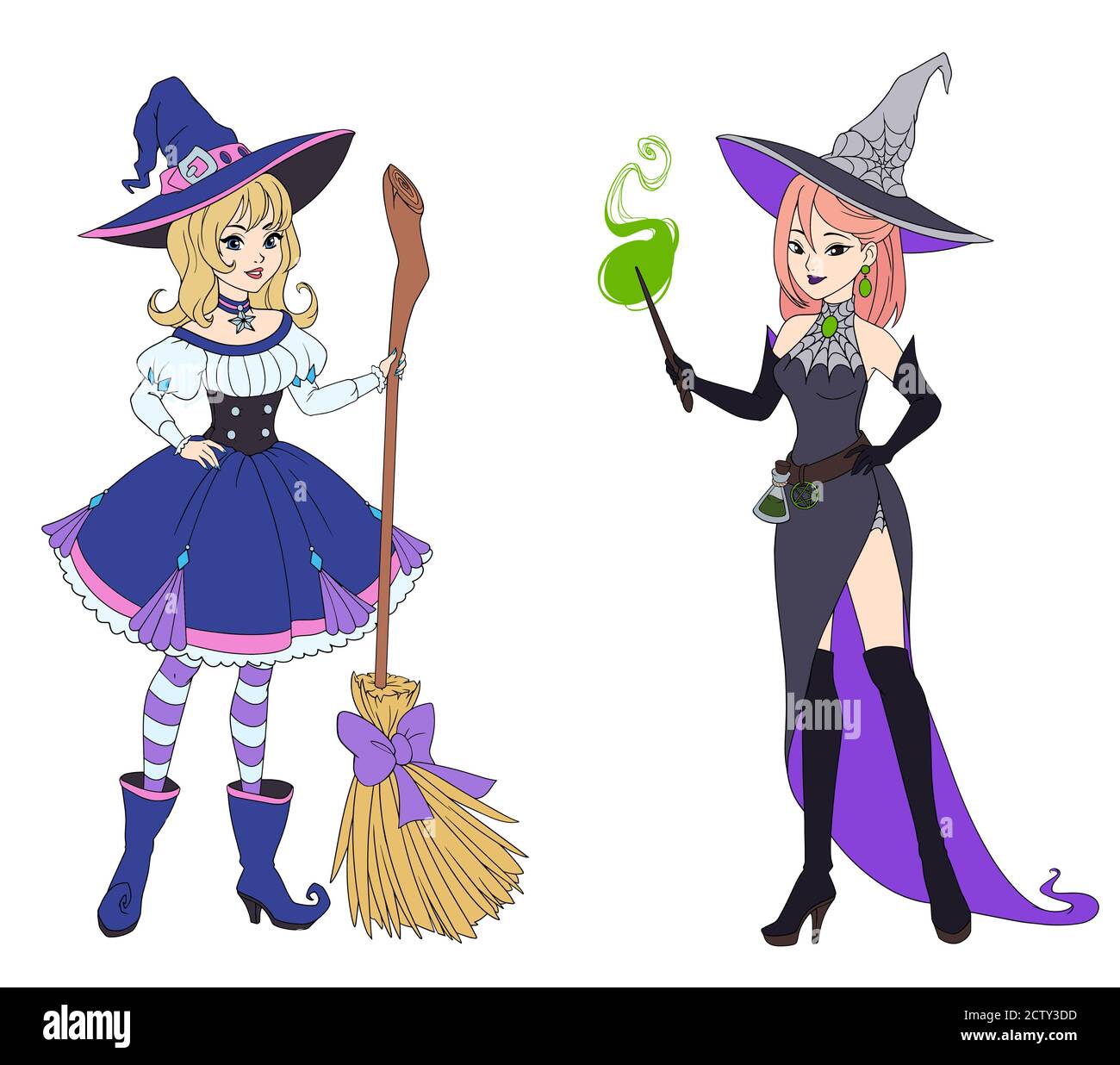 Set of two witches holding broom and magic wand. Multinational girls ...