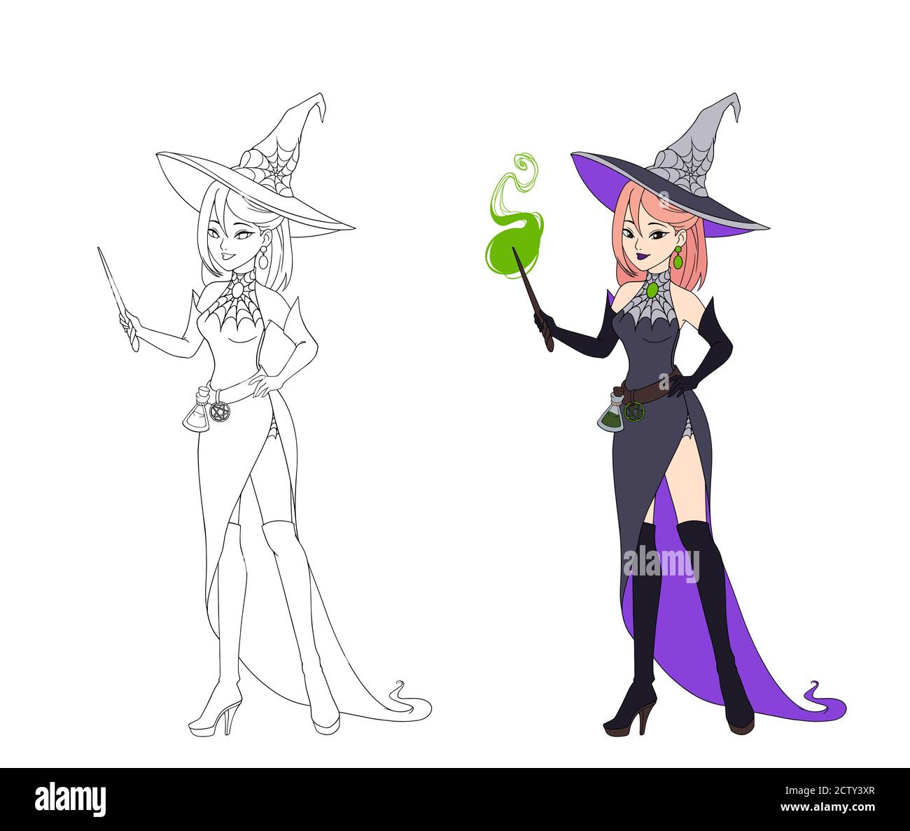 Beautiful anime witch holding magic wand. vector illustration Stock ...