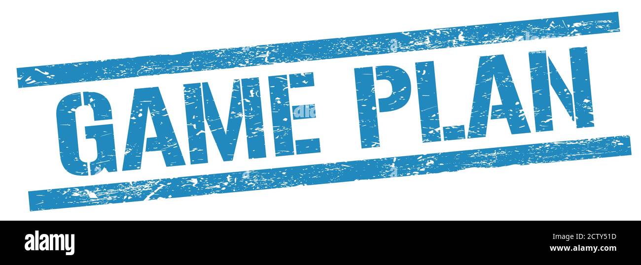 GAME PLAN text on blue grungy rectangle stamp sign Stock Photo - Alamy