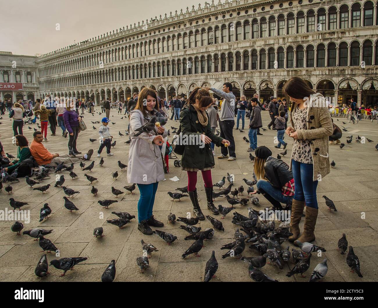 Tourists feeding the pigeons in St Marks Square in Venice Stock Photo ...