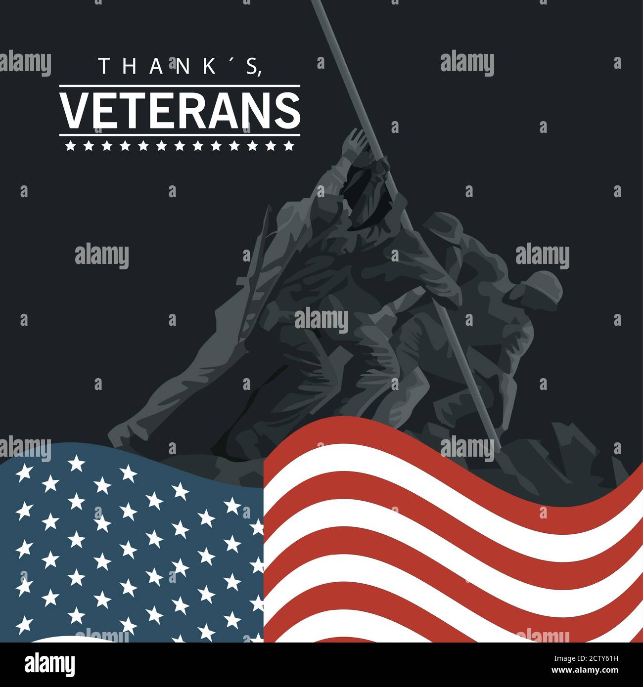 happy veterans day lettering in poster with soldier lifting flag in ...