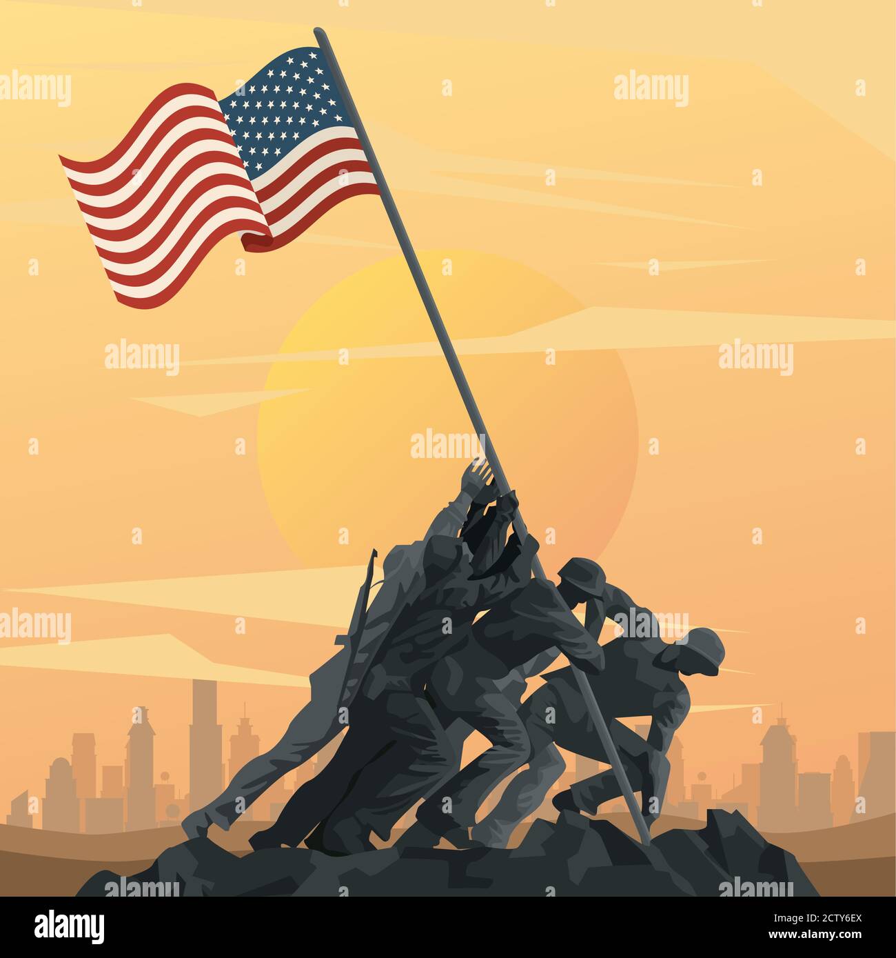 soldiers lifting flag in pole in sunset scene vector illustration ...
