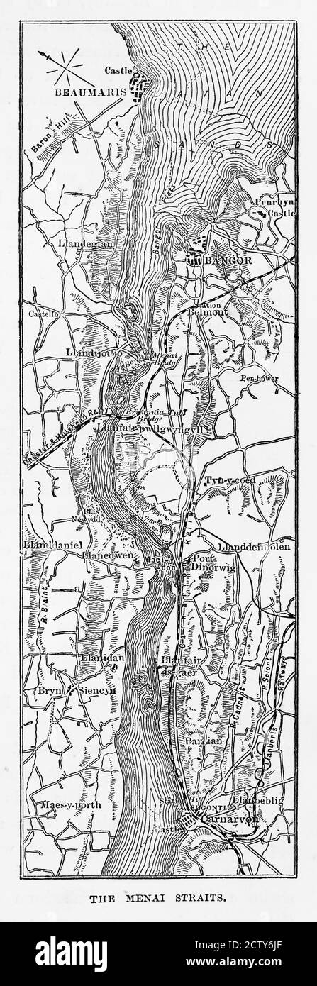 Map of the Menai Straits, Carnarvon, Wales Victorian Engraving, 1840 ...