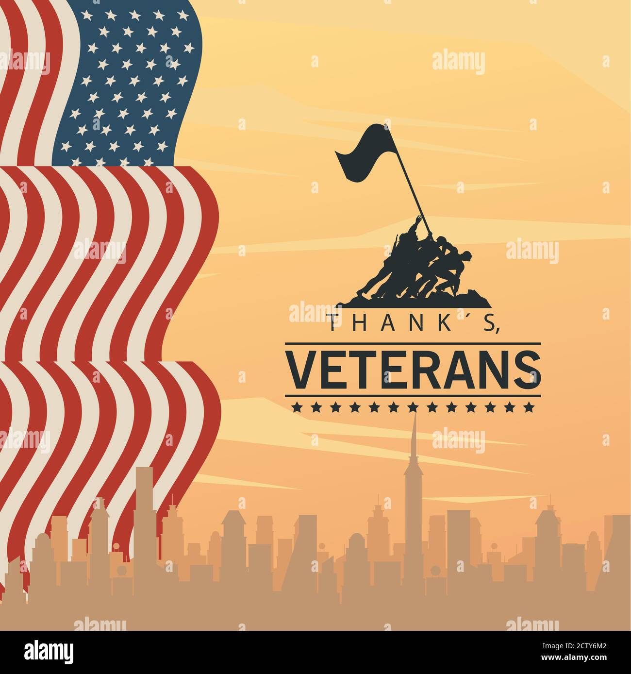 happy veterans day lettering in poster with soldier lifting flag in ...