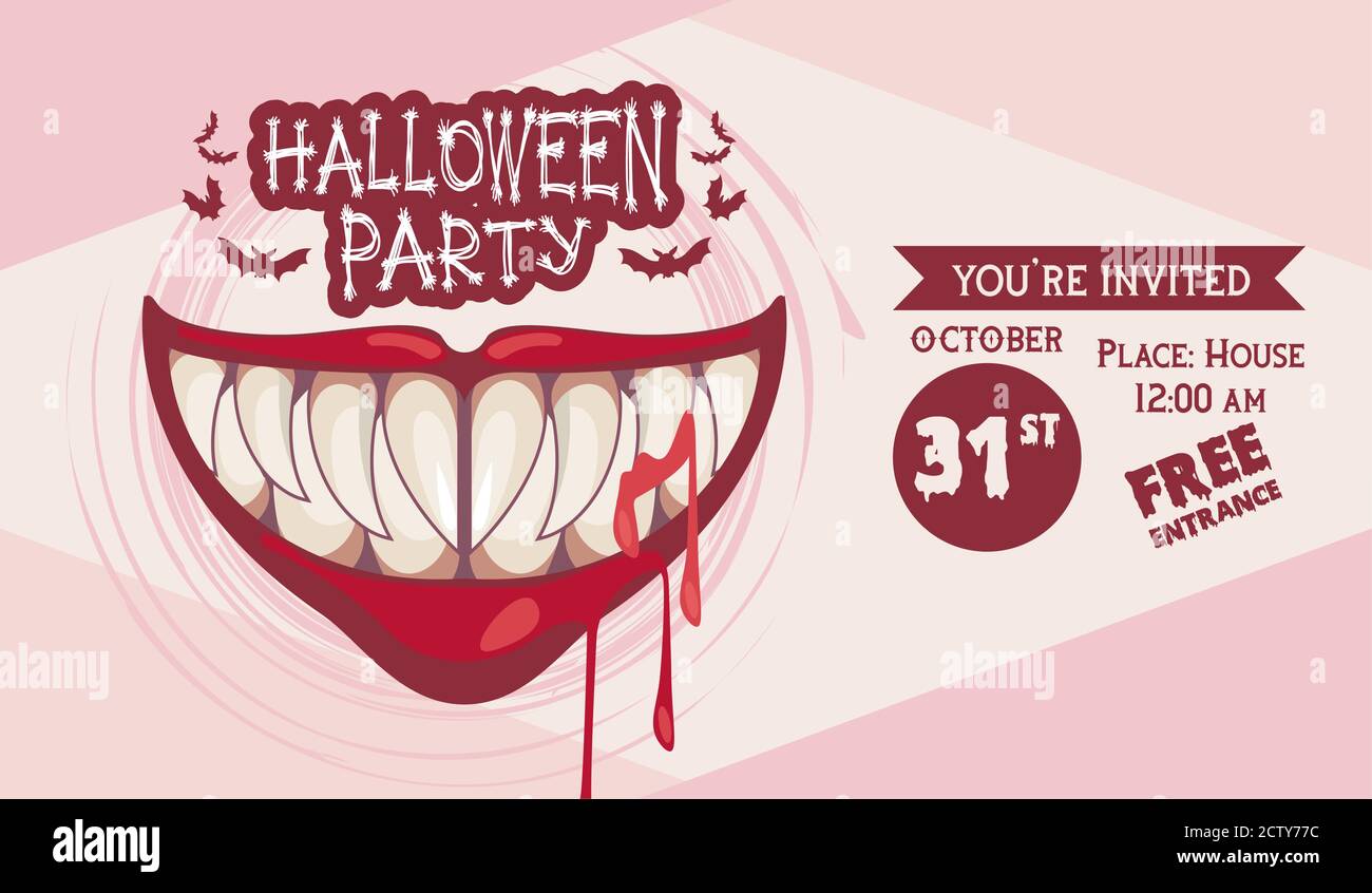 halloween horror party celebration poster with mouth and blood vector ...