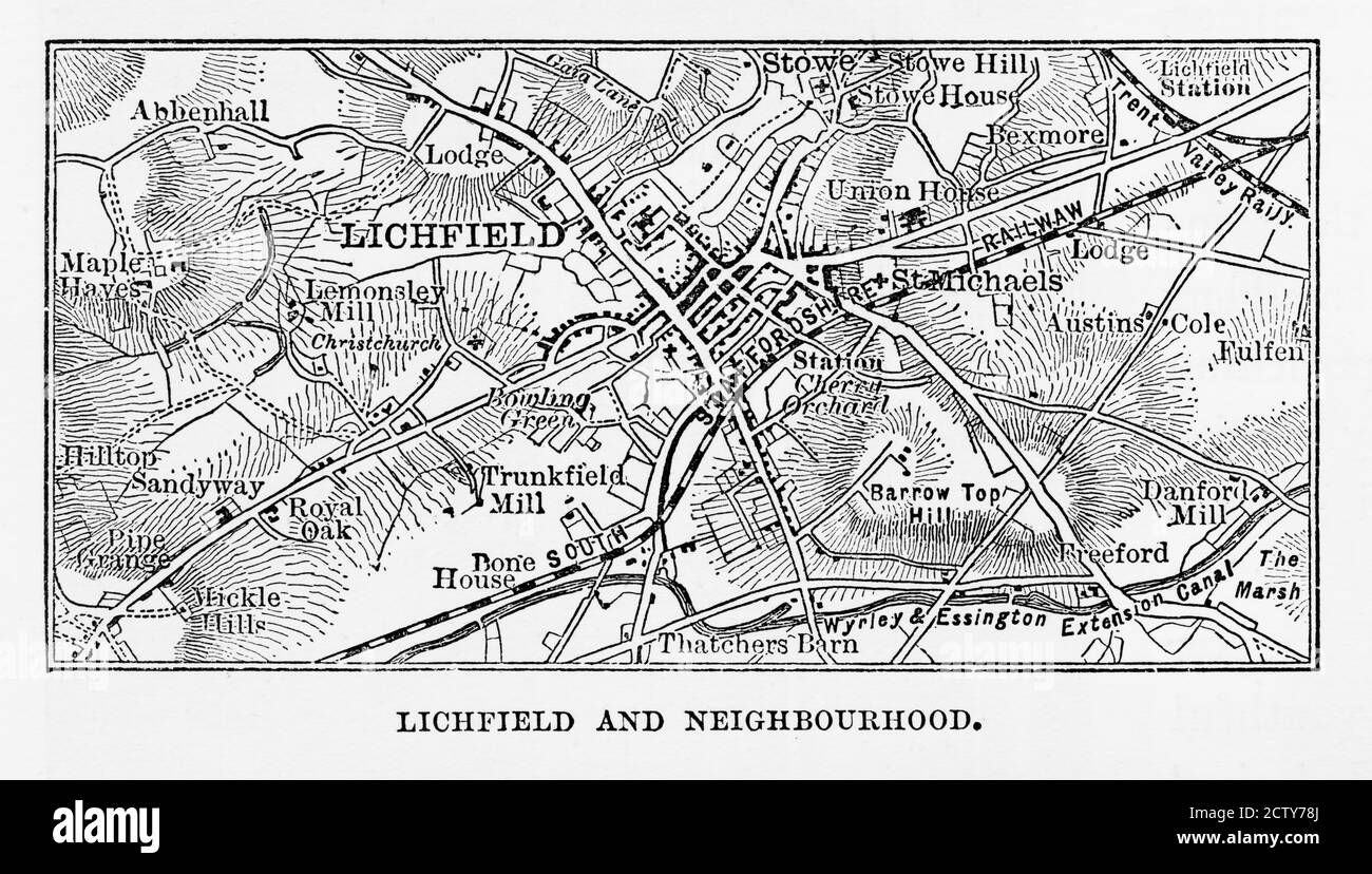 Map of Litchfield in Staffordshire, England Victorian Engraving, 1840 ...