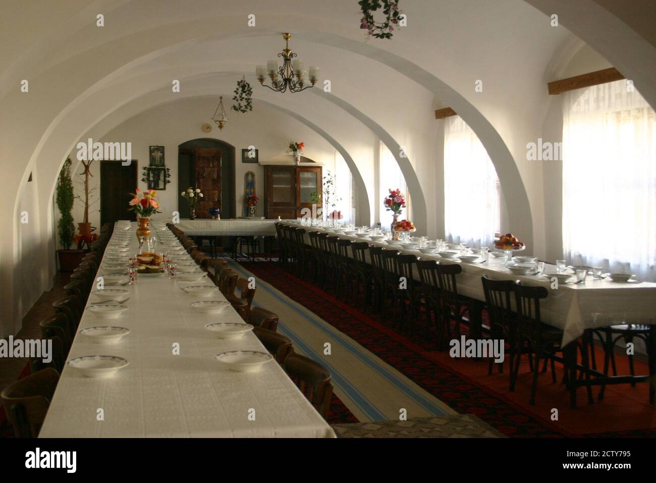 Interior of a Refectory at a Christian Orthodox monastery in Romania ...