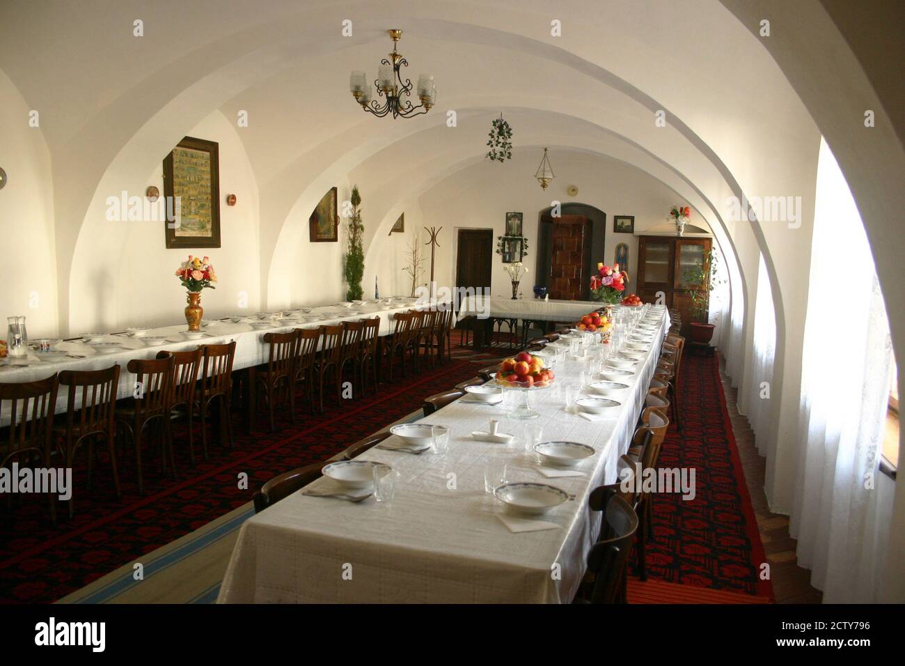 Interior of a Refectory at a Christian Orthodox monastery in Romania ...