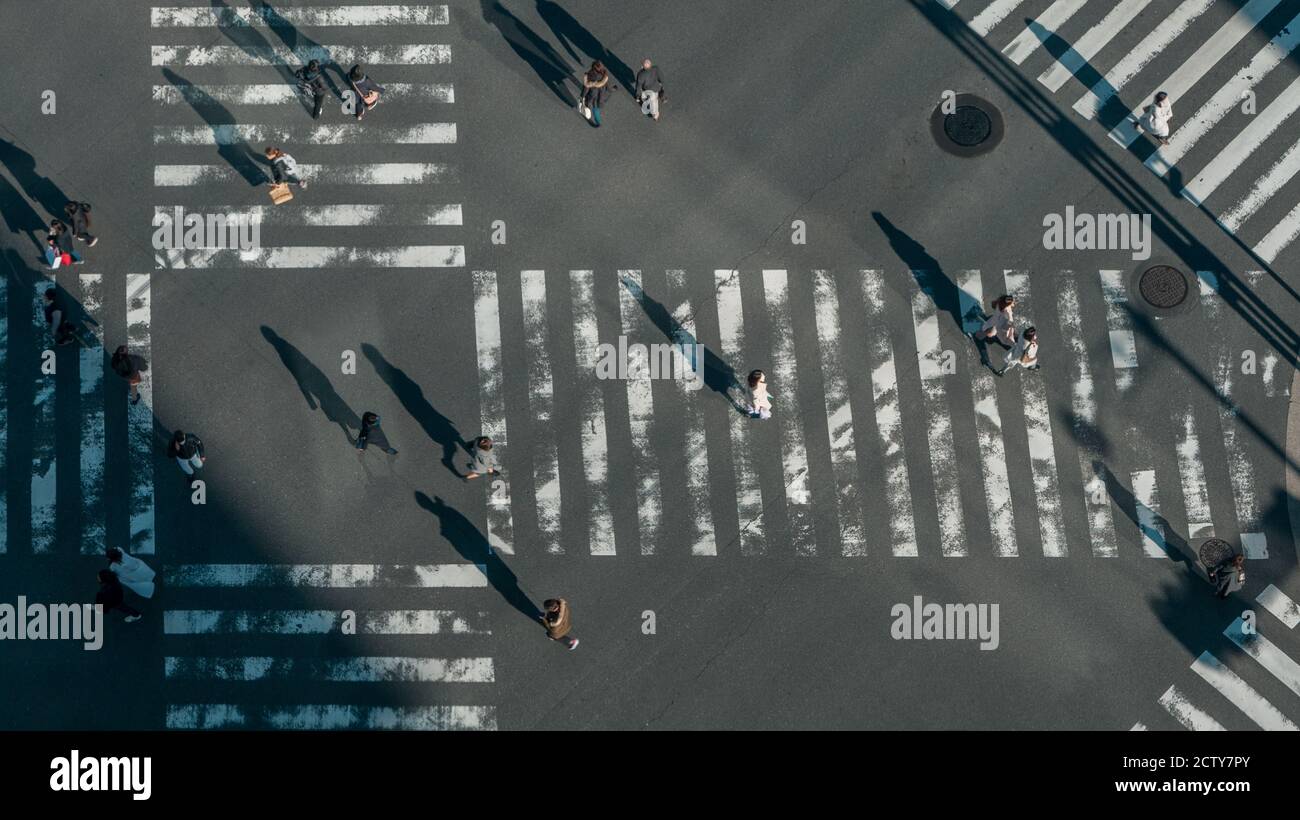 Elevated view over a crowd of japanese pedestrian crossing in road ...