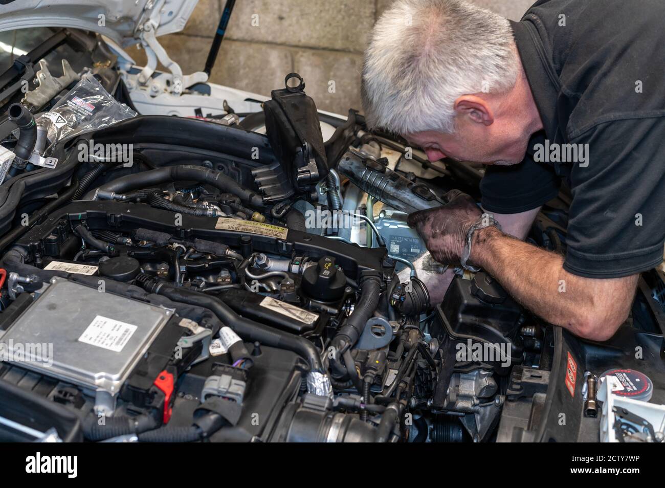 Senior Mechanic working on engine bay repairing a oil leak in home ...