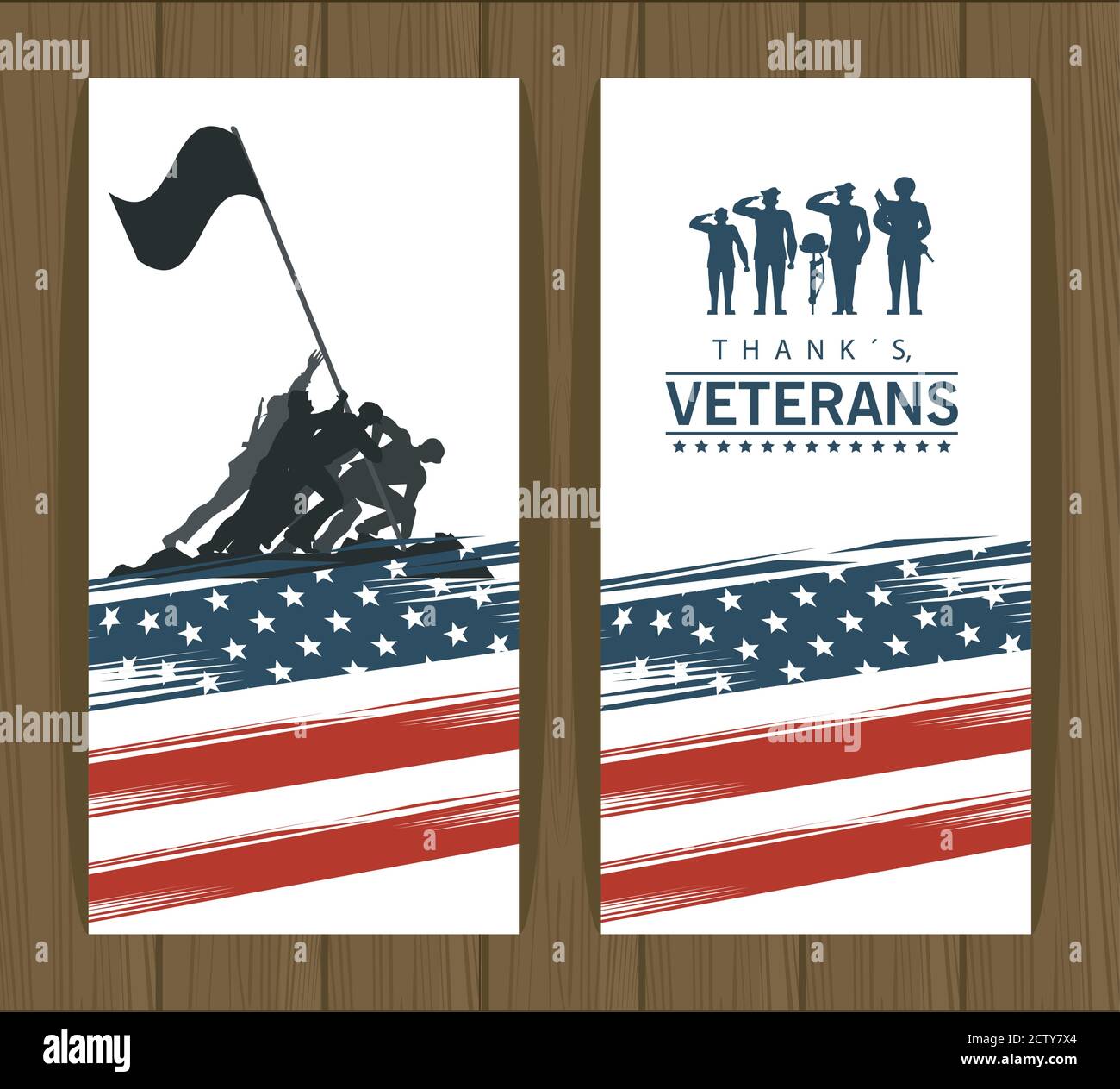 happy veterans day lettering in poster with soldier lifting flag in ...