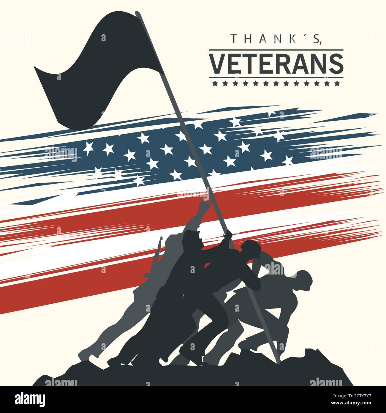 happy veterans day lettering in poster with soldier lifting flag in ...