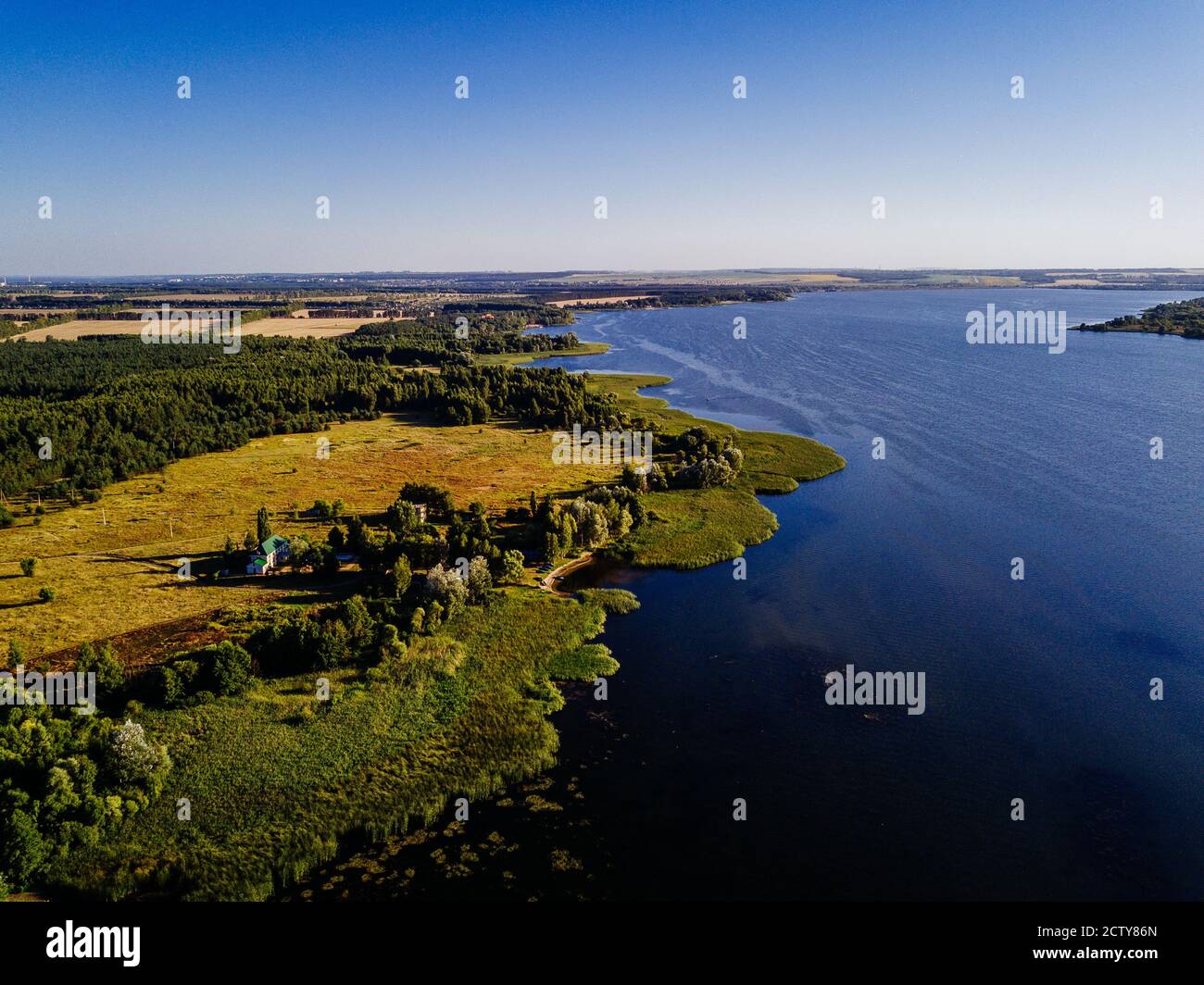 Aerial view of beautiful natural landscape. Old Oskol lake, Russia ...