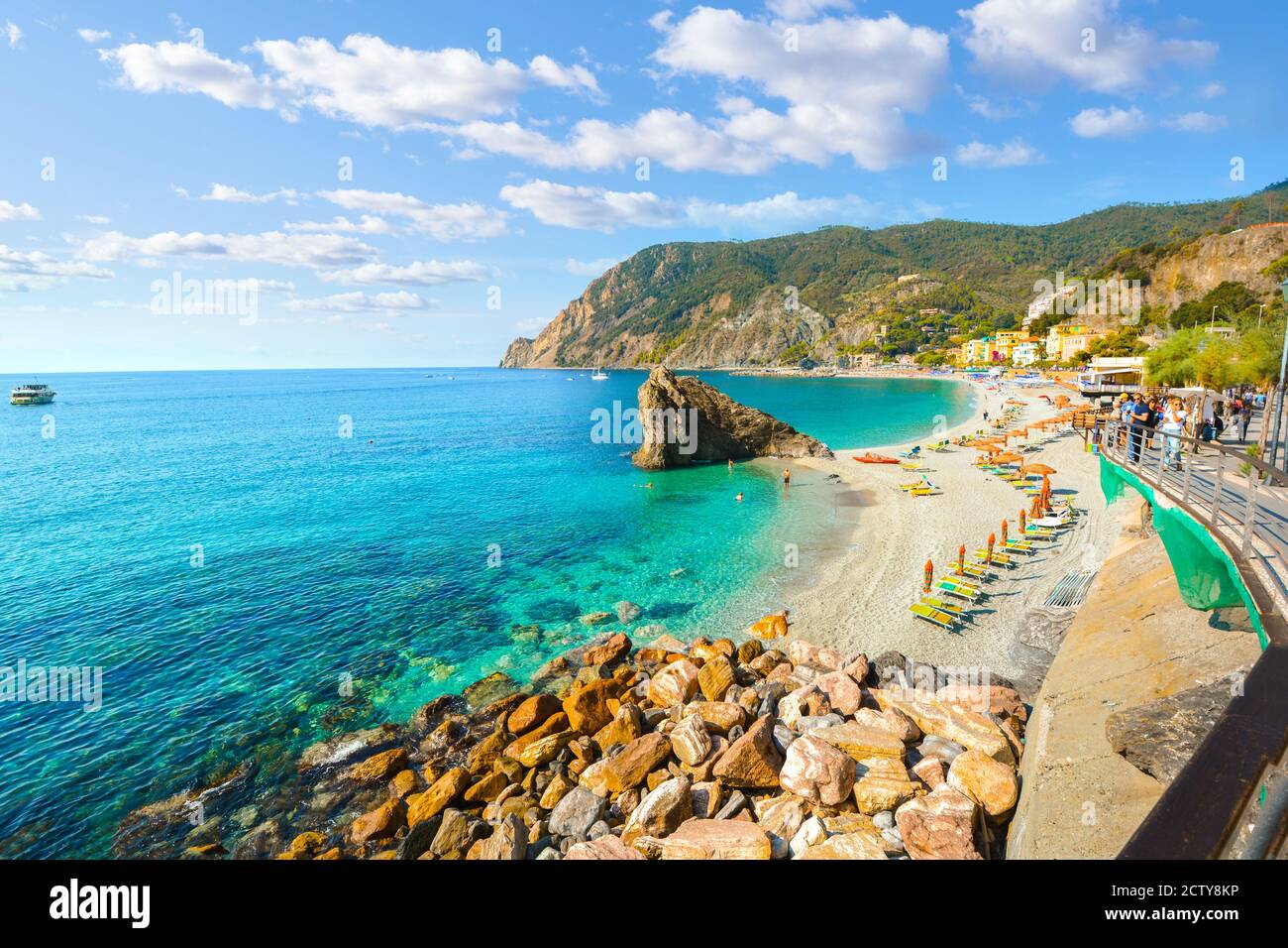 The sandy beach at the Italian village of Monterosso al Mare on the ...
