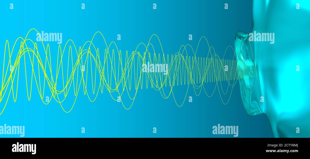 Human ear with incoming vibrations of different frequencies, 3d ...