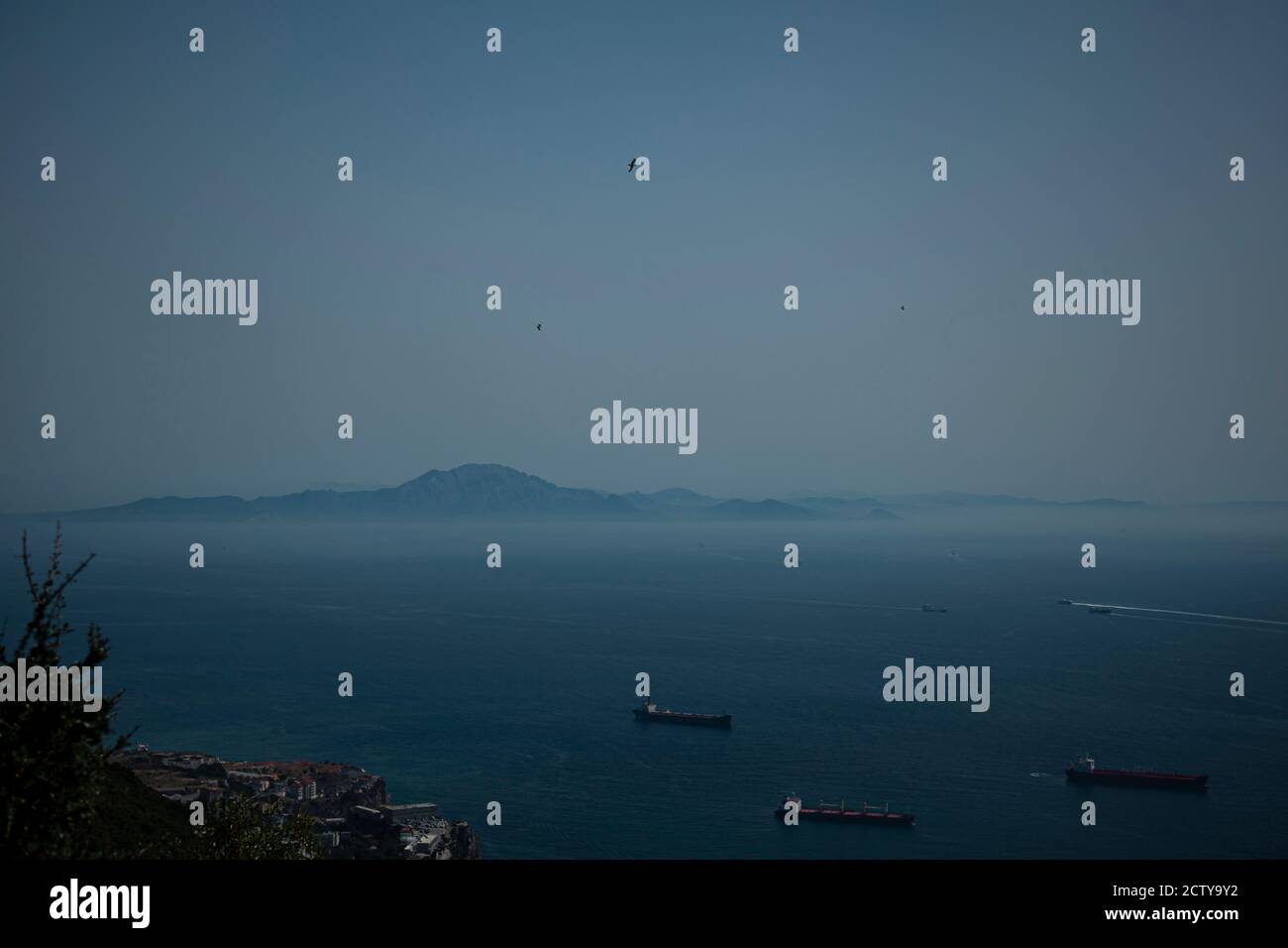 Aerial view of the Strait of Gibraltar taken on the rock of Gibraltar ...