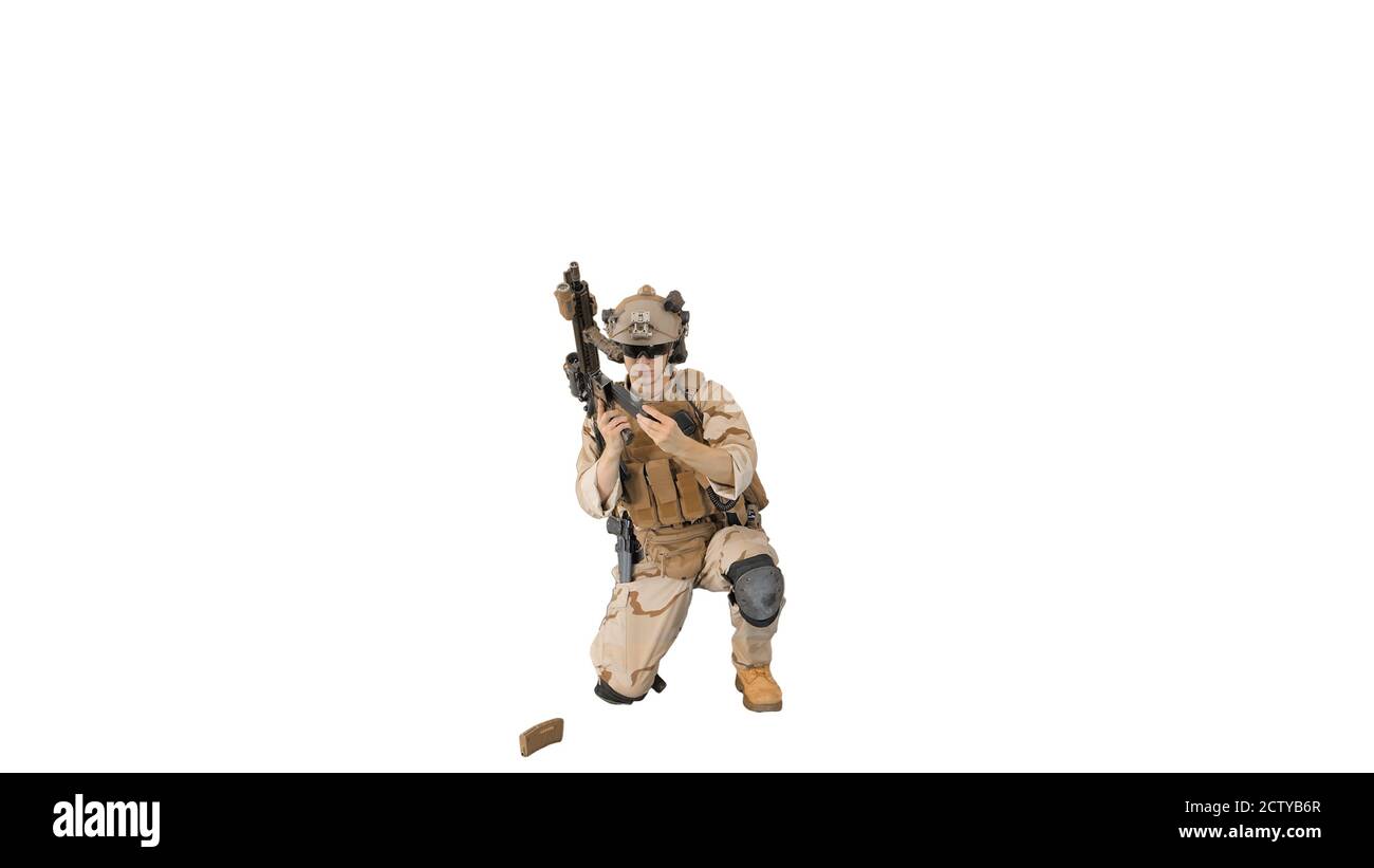 Soldier shooting with assault rifle and reloading on white backg Stock ...