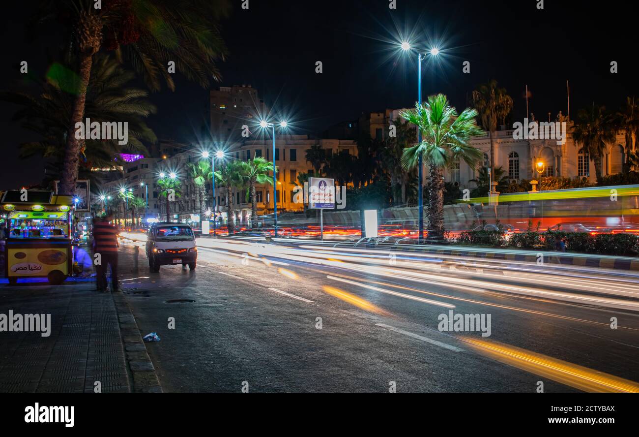 Architecture and night street scene from Egypt, Alexandria, 2018 ...