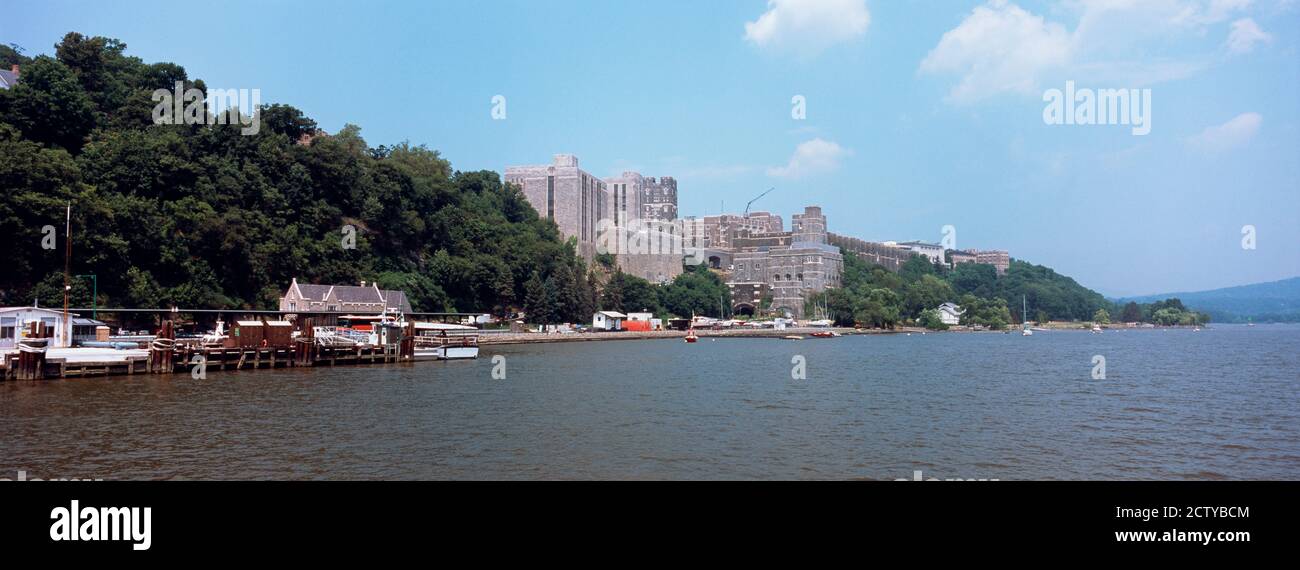 Military academy at the waterfront, West Point Military Academy, West Point, Hudson River, New ...