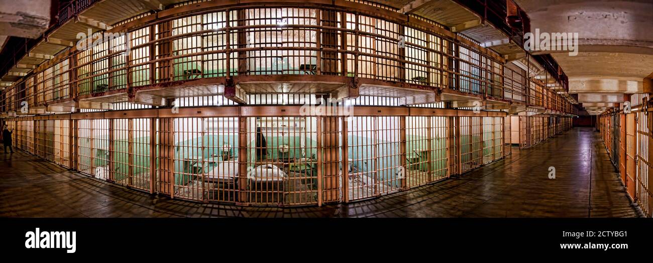180 degree view of the corridor of a prison, Alcatraz Island, San ...