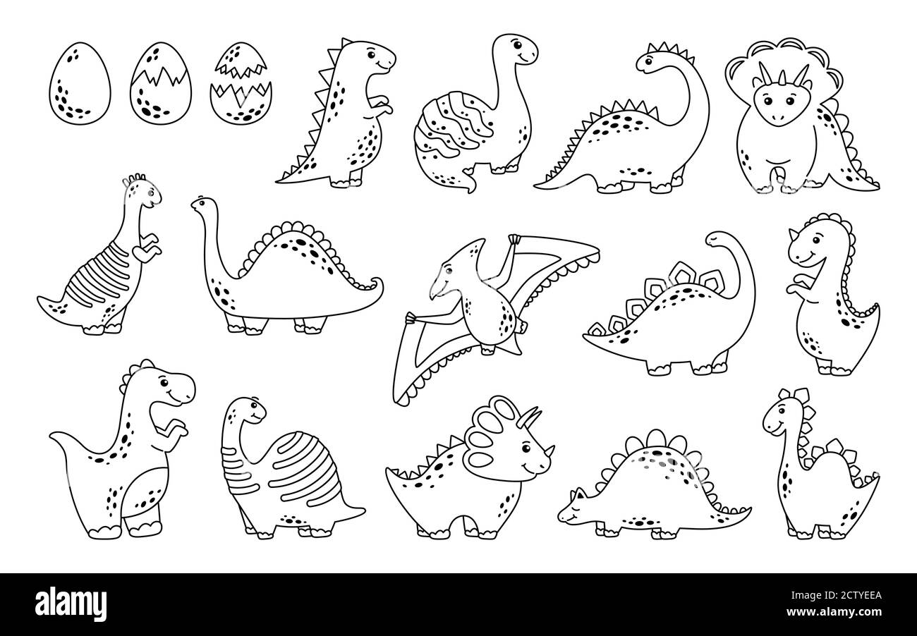Dinosaur black linear cartoon set. Reptile flat line collection ...