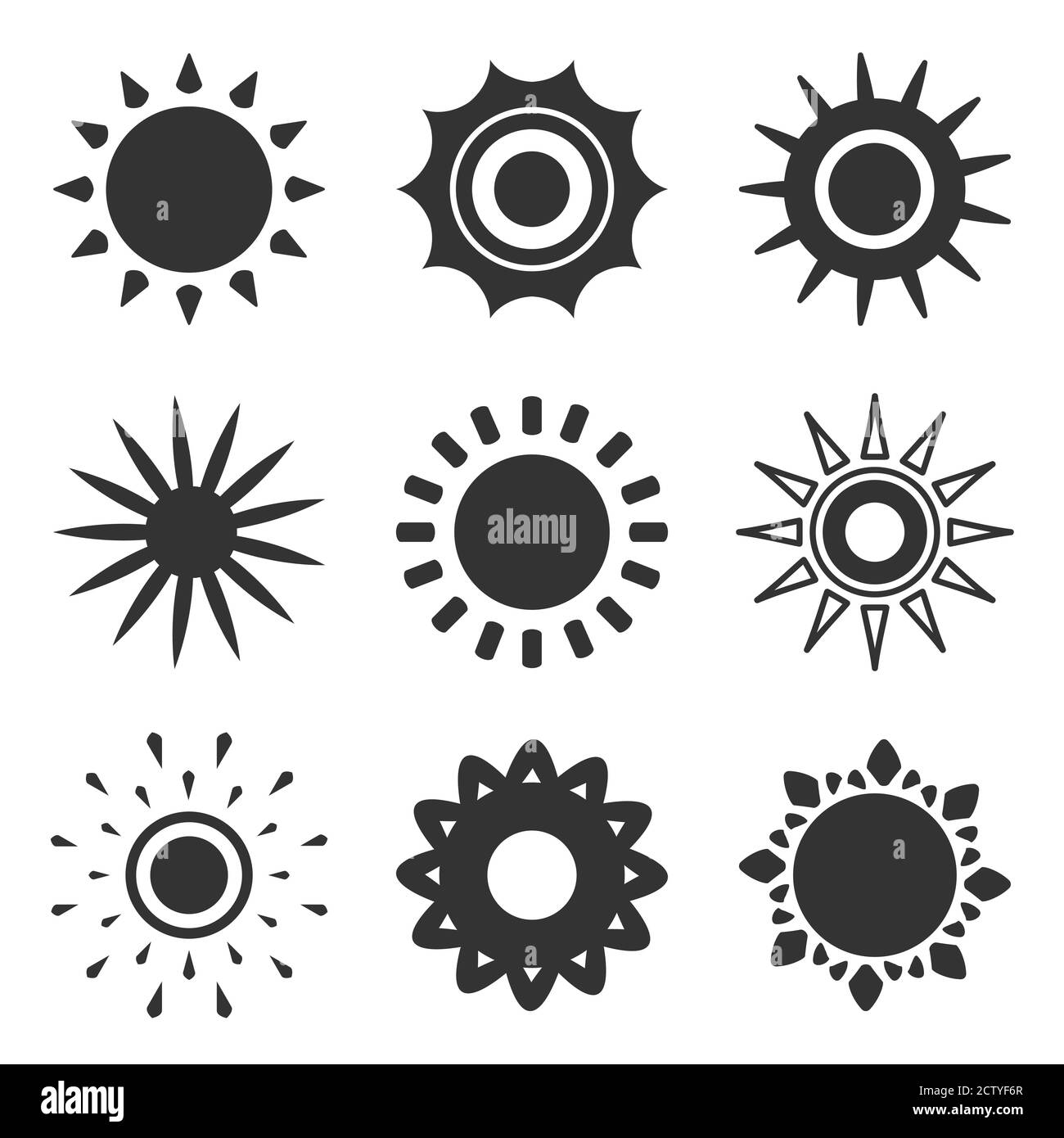 Set of black sun icon set. Simple glyph silhouette sign warm sunny ...