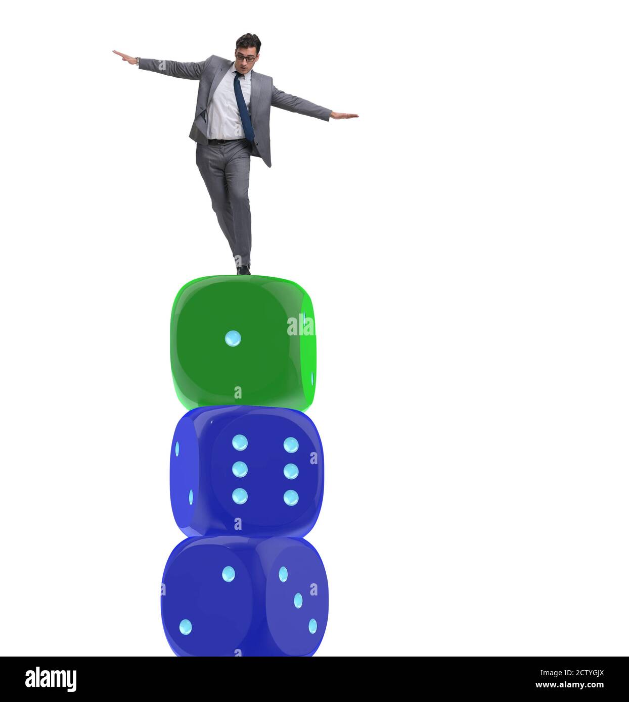 Businessman balancing on top of dice stack in uncertainty concept Stock ...