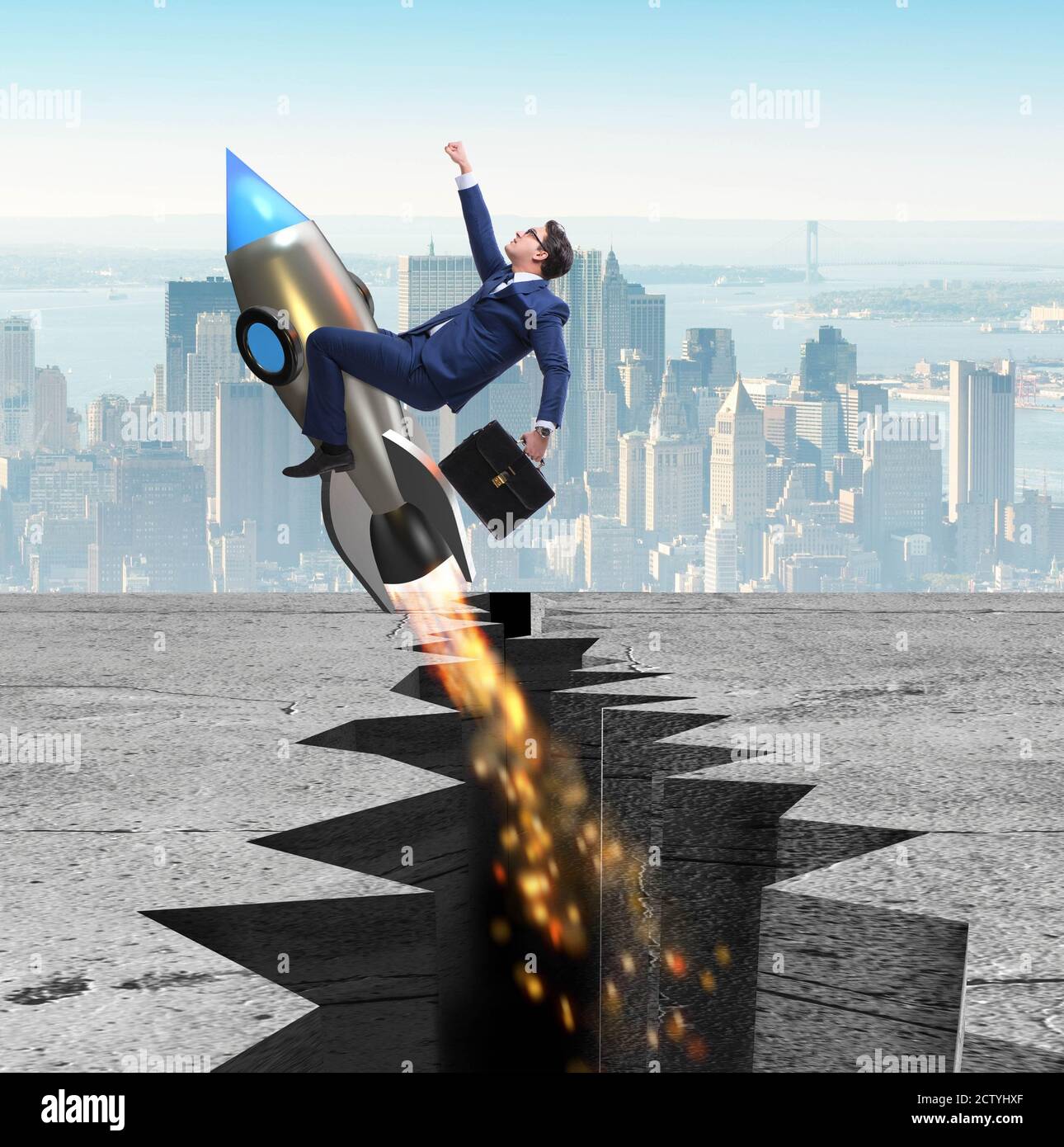 The businessman flying on rocket from rock gap Stock Photo - Alamy