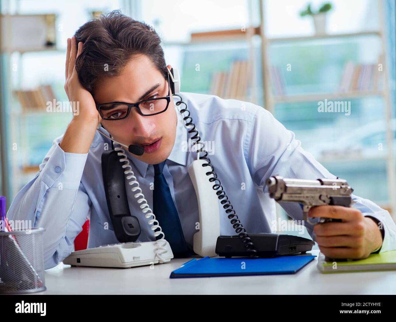 The unhappy angry call center worker frustrated with workload Stock ...