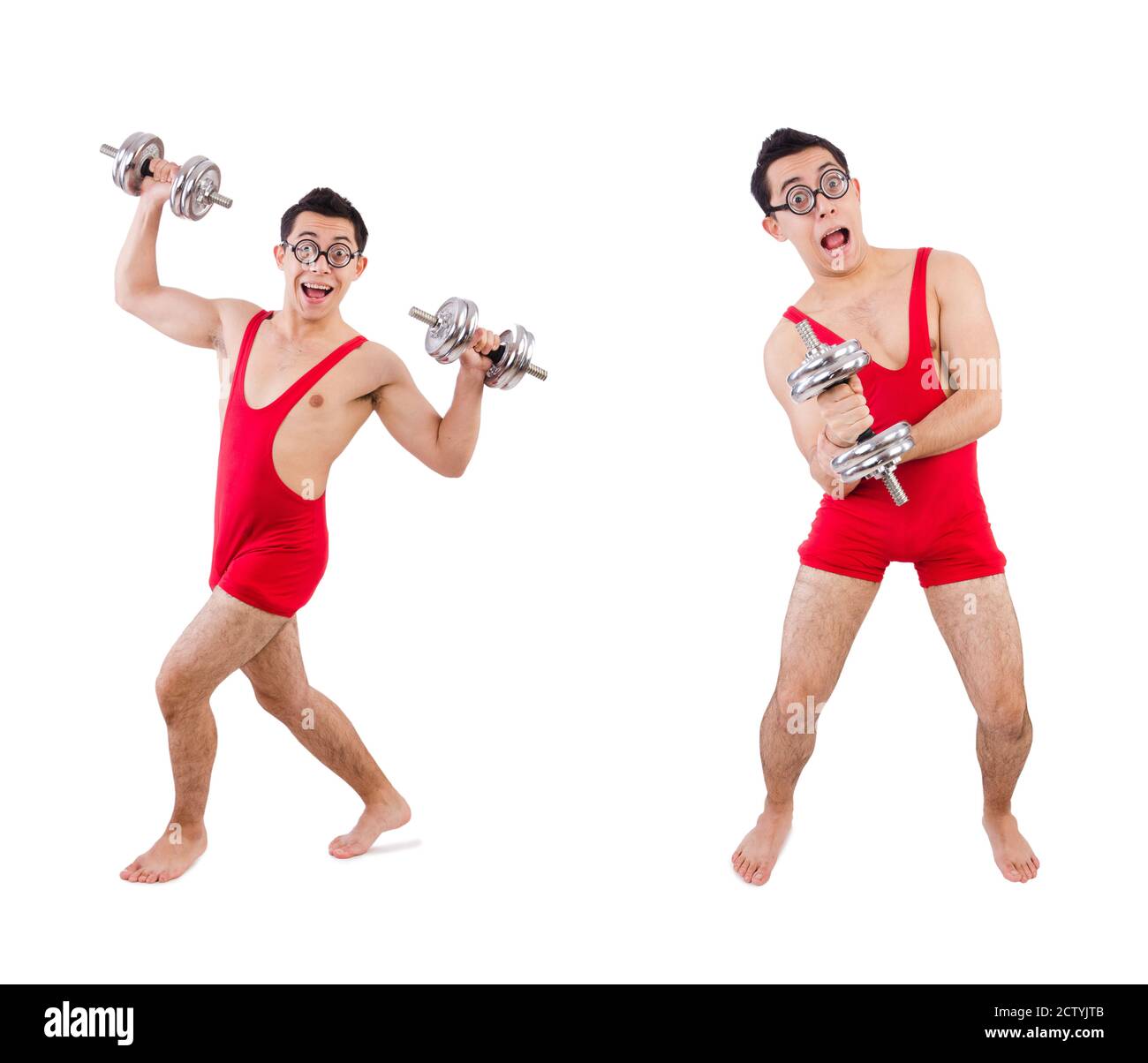 The funny guy with dumbbels on white Stock Photo - Alamy