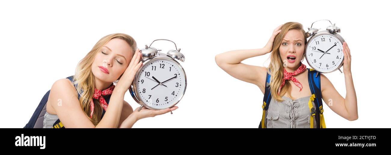 The woman student missing deadlines isolated on white Stock Photo - Alamy