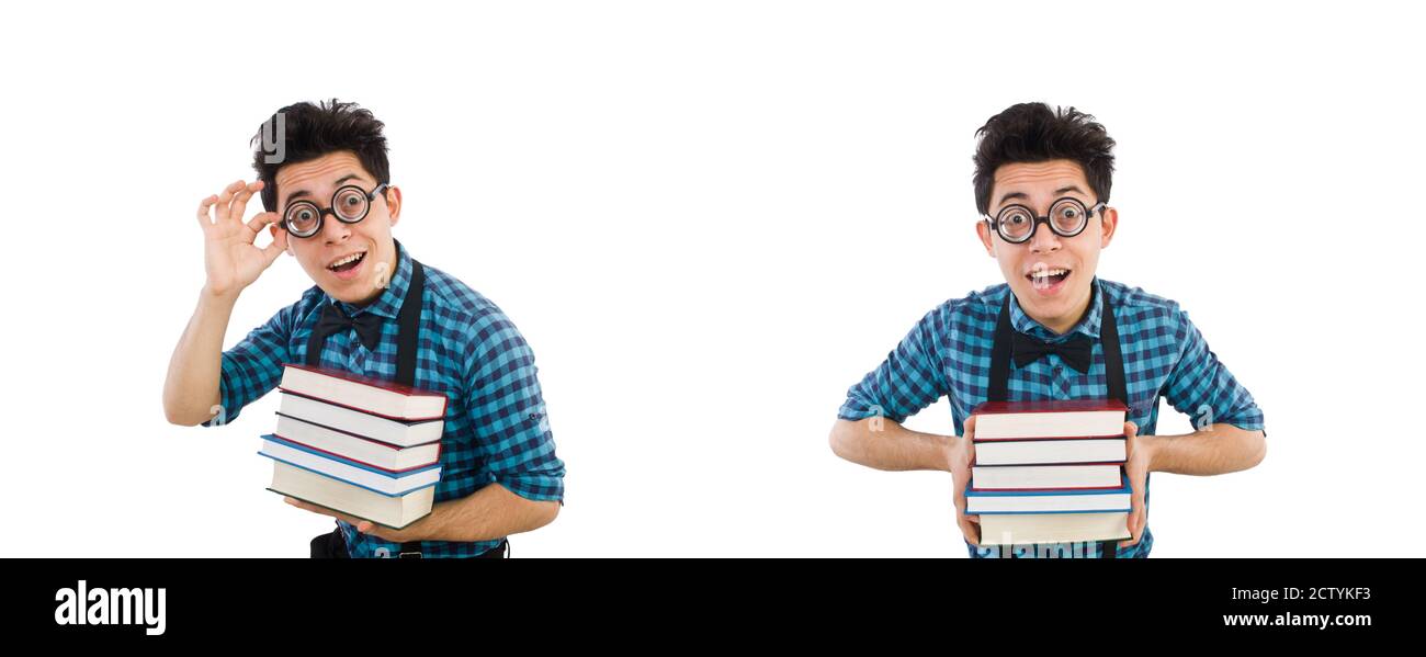 The funny student with stack of books Stock Photo - Alamy