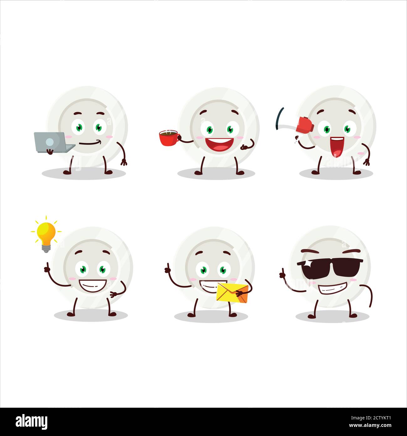 White plate cartoon character with various types of business emoticons ...