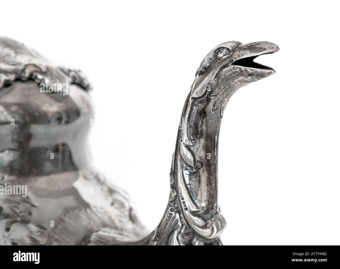 Vintage tea spout. Close up of antique sterling silver tea pot. Spout ...