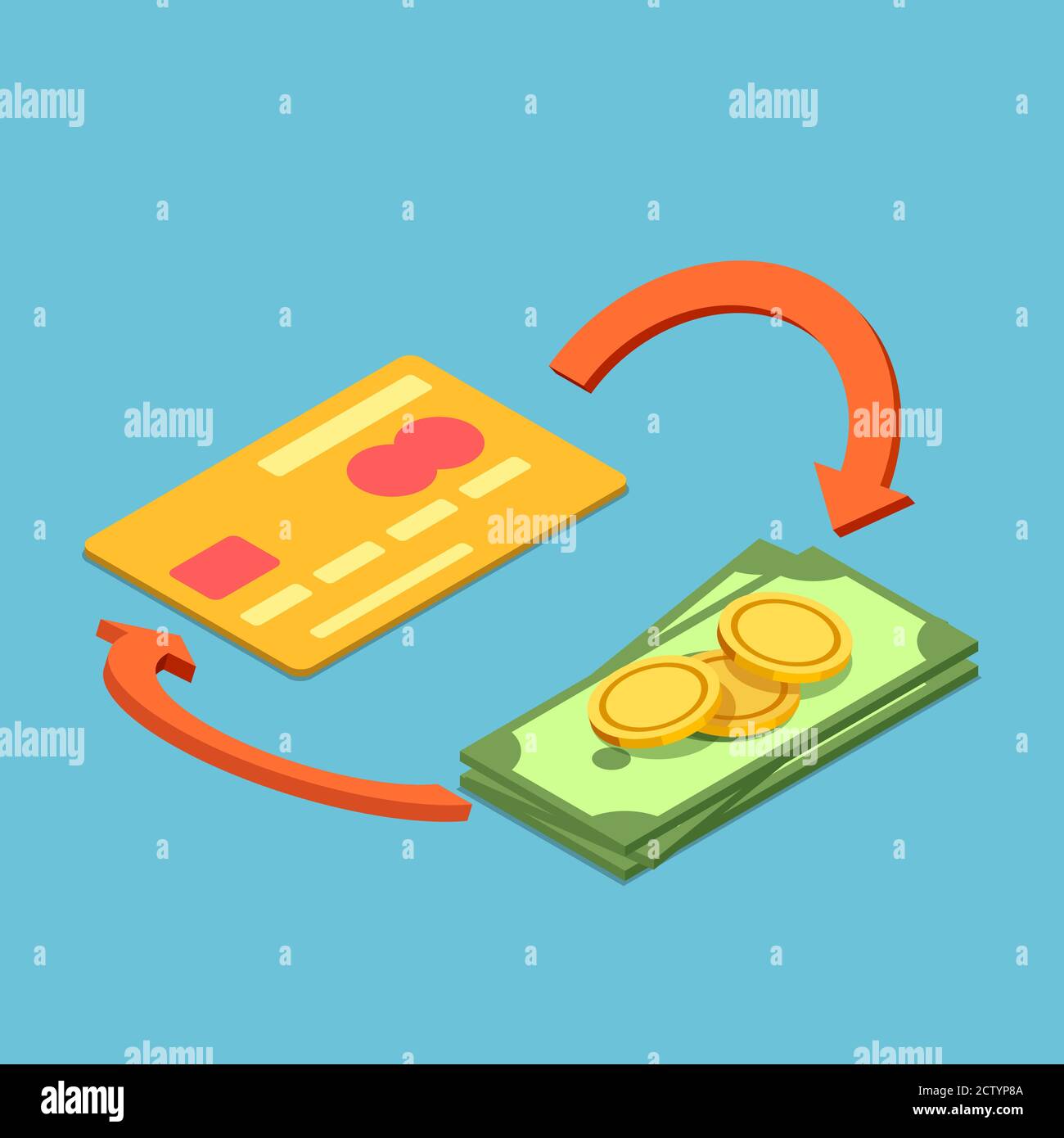 Flat 3d isometric credit card and money with cash back sign. Credit card cash back and payment ...
