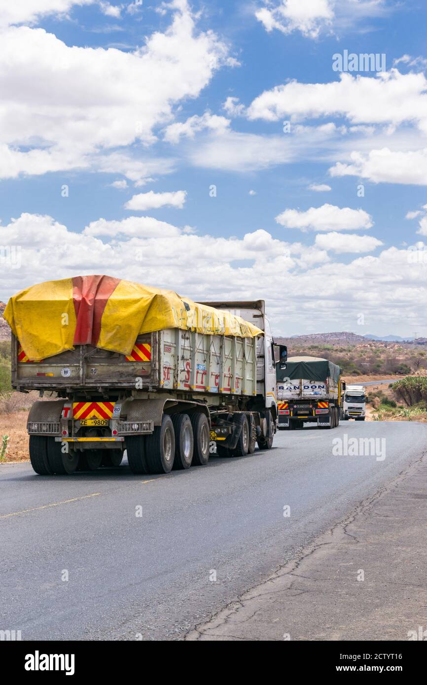 A large truck driving along Mombasa highway carrying goods, Kenya Stock ...
