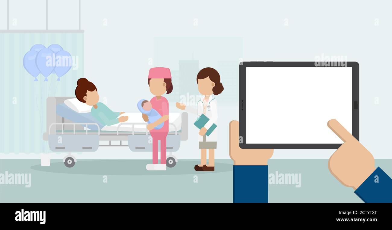 Maternity ward with blank screen tablet and medical staff flat design ...