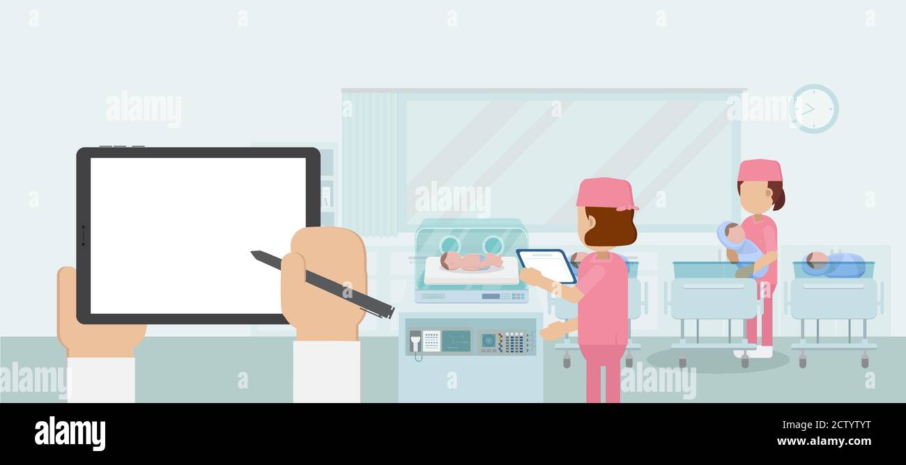 Maternity ward with blank screen tablet and nurses flat design vector ...