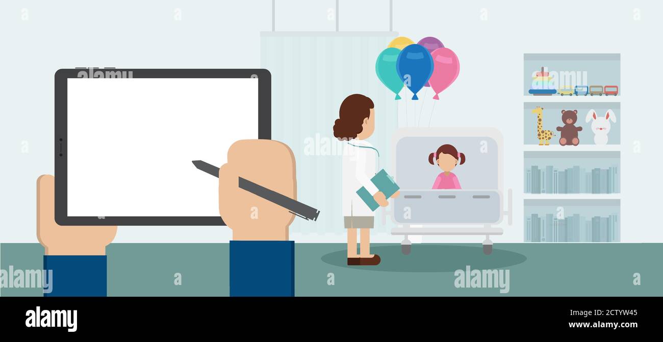 Blank screen tablet in pediatrics ward with doctor and patient flat ...