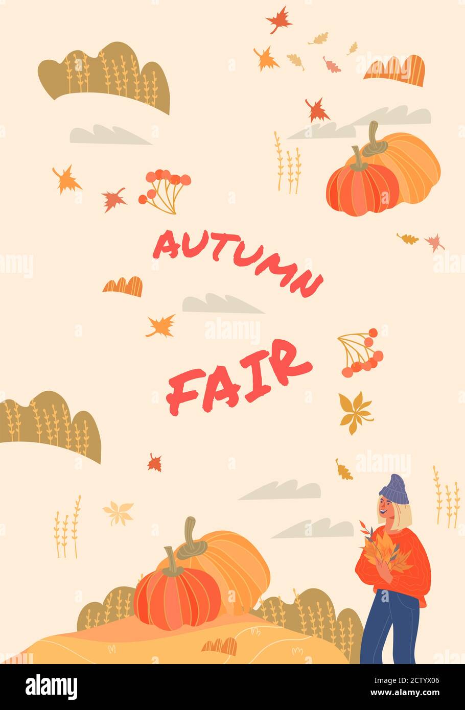 Autumn fair festival banner layout with pumpkins and woman, vector ...