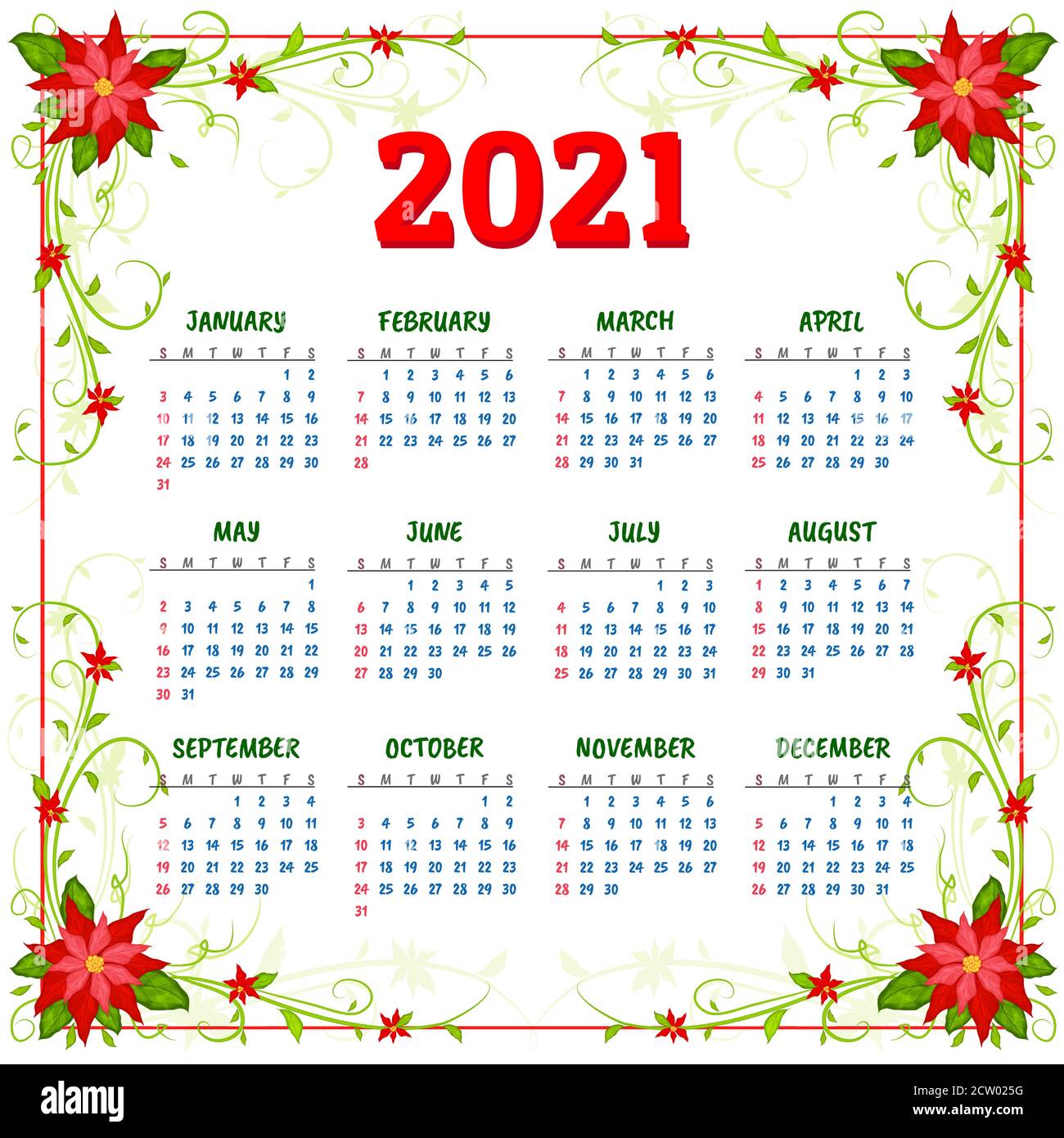 Vector calendar 2021 year with flowers of poinsettia. Week starts from ...