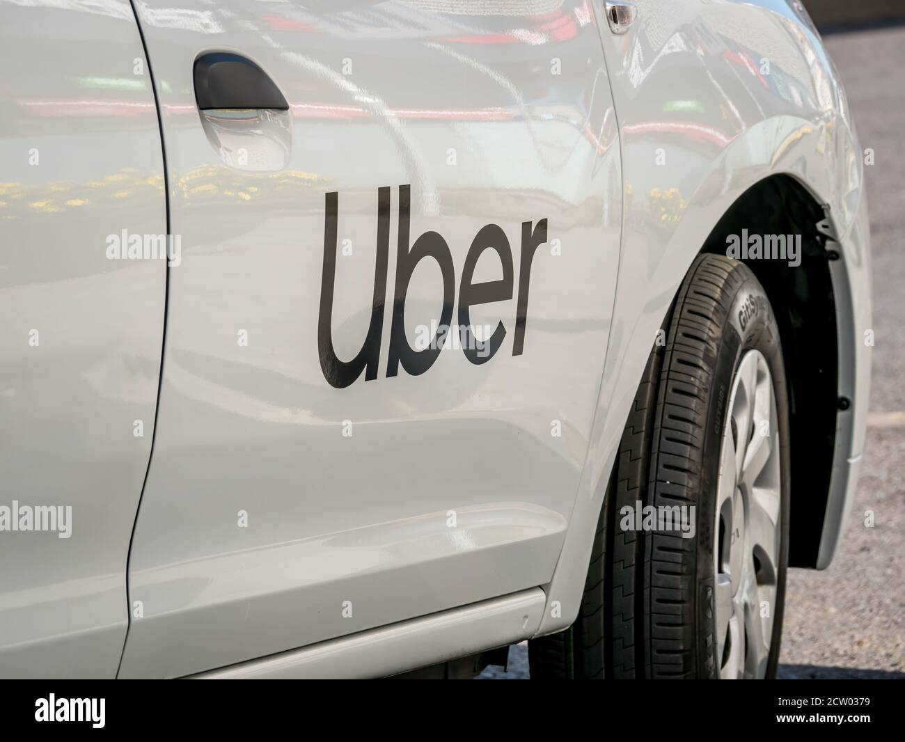 Bucharest/Romania - 09.05.2020: Uber logo inscriptioned on a white ...