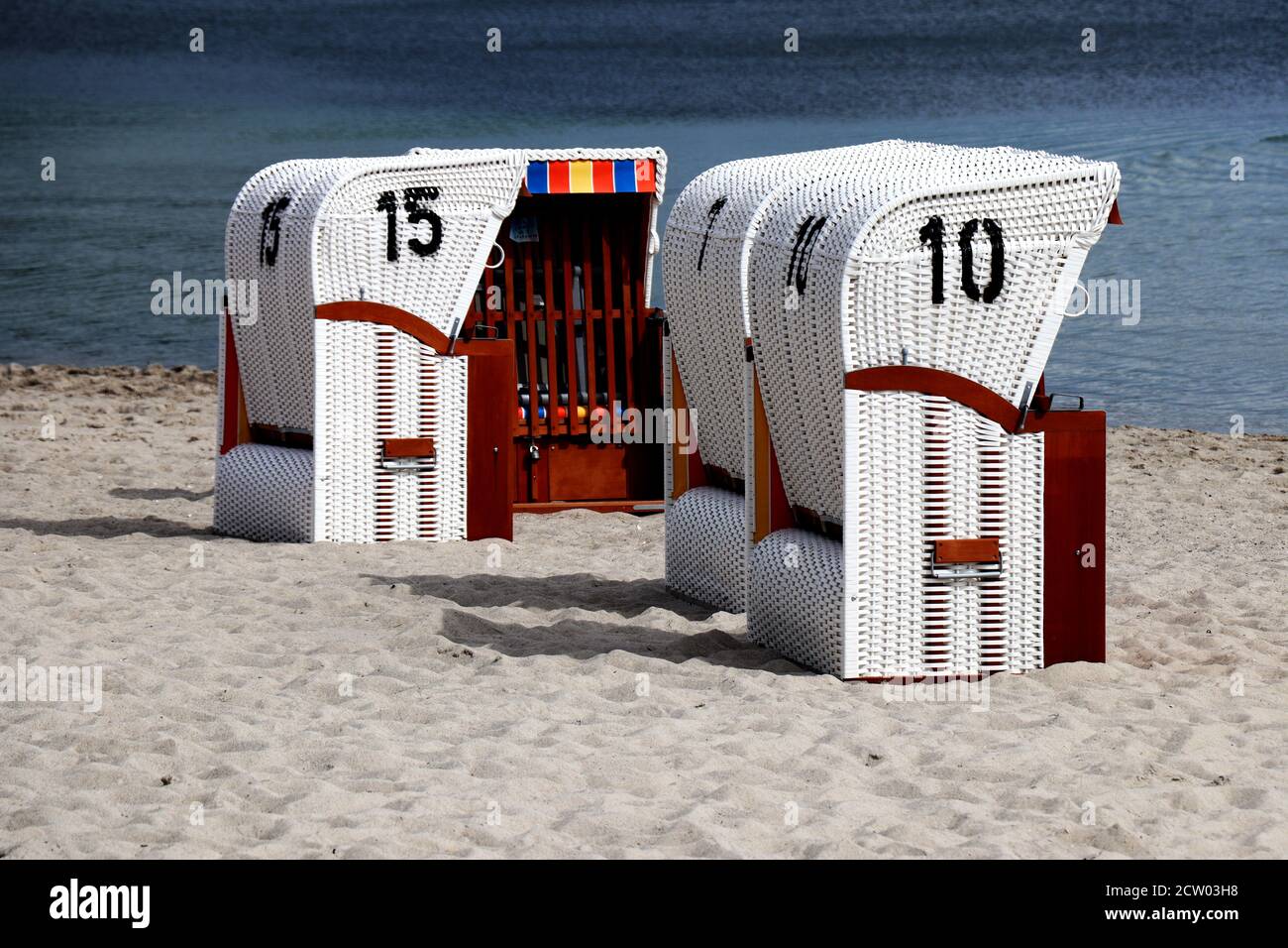 German beach basket chairs on a beach of a north sea - Strandkorb Stock ...