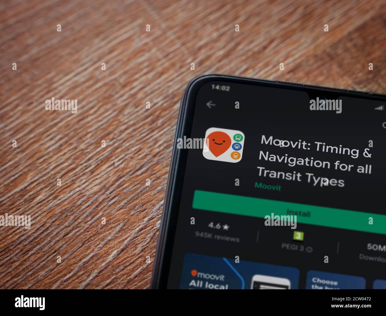 Lod, Israel - July 8, 2020: Moovit app play store page on the display of a black mobile ...