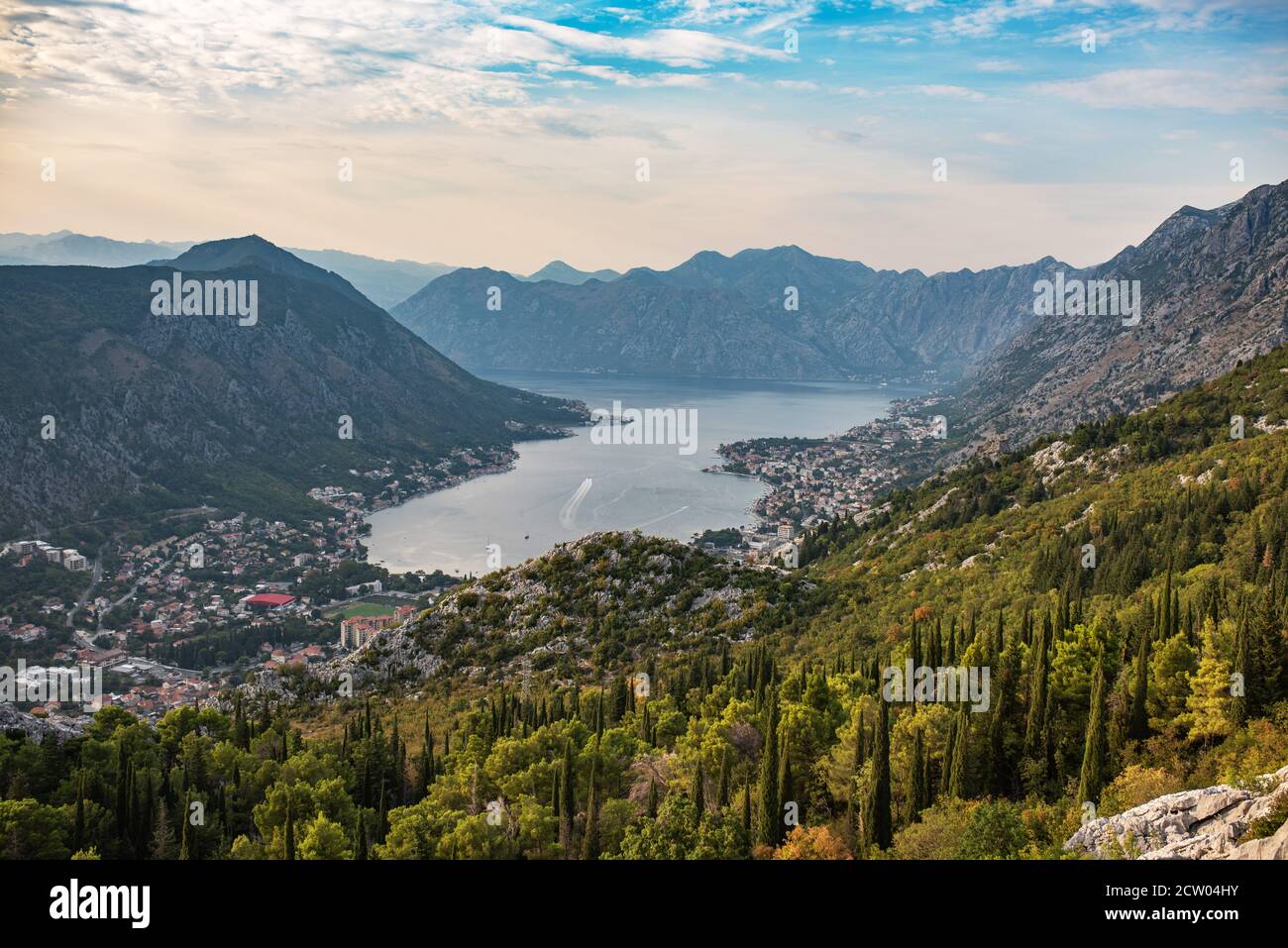 Panorama of Kotor bay and city from mountain road. Picturesque view to ...