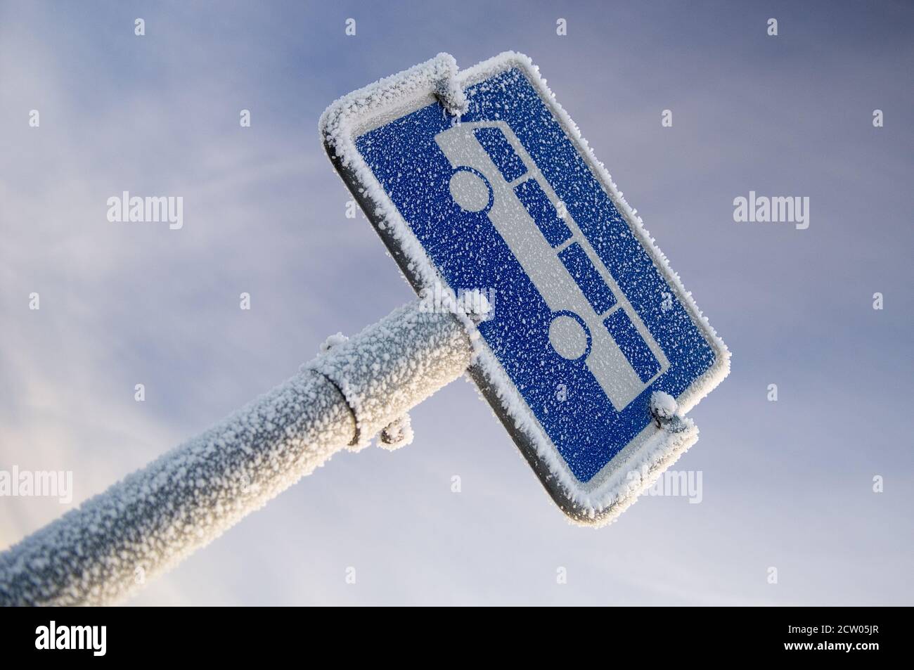 Frosty bus stop sign in Norway Stock Photo - Alamy